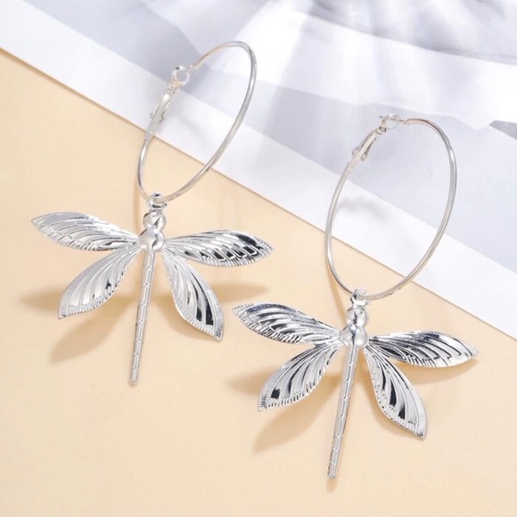 Jewelry | Dragonfly Hoops Silver Streaked Striped Wing Insect Firefly ...